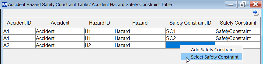 Accident Hazard Safety Constraint Table — STAMP Workbench 2.0 documentation